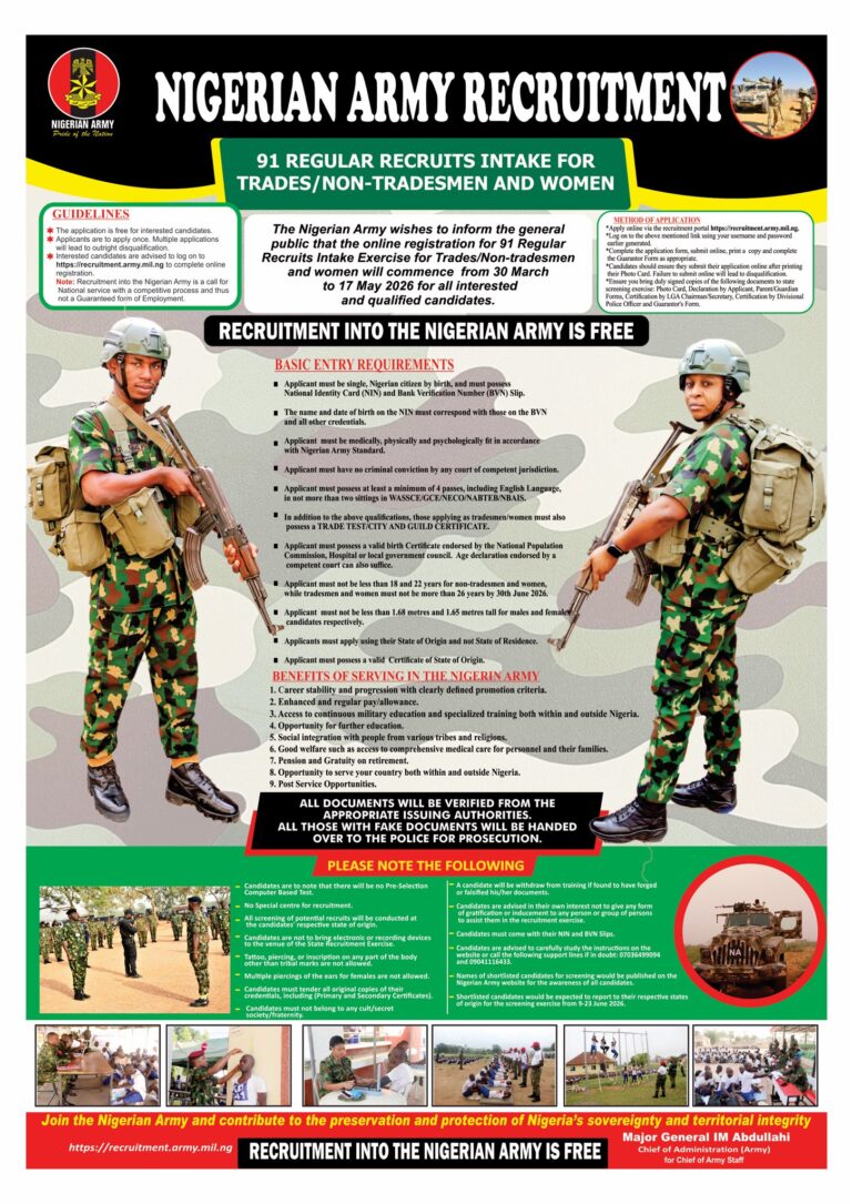 Nigerian Army Recruitment Form 2026 for 91RRI Application Date ...