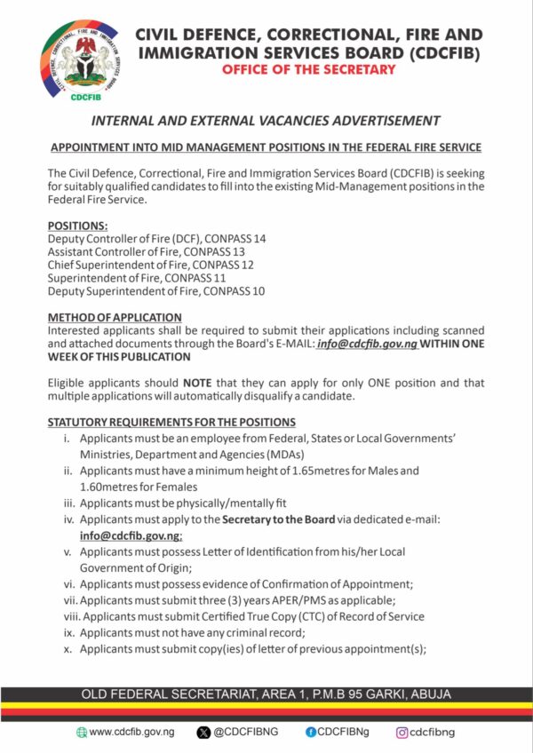 Federal Fire Service Recruitment 2025 by CDFCIB: Vacancy Announcement ...