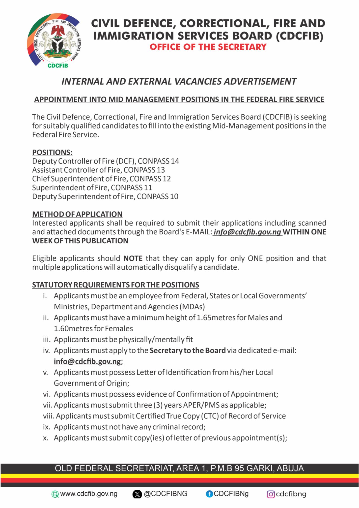 Federal Fire Service Recruitment 2025 by CDFCIB: Vacancy Announcement ...