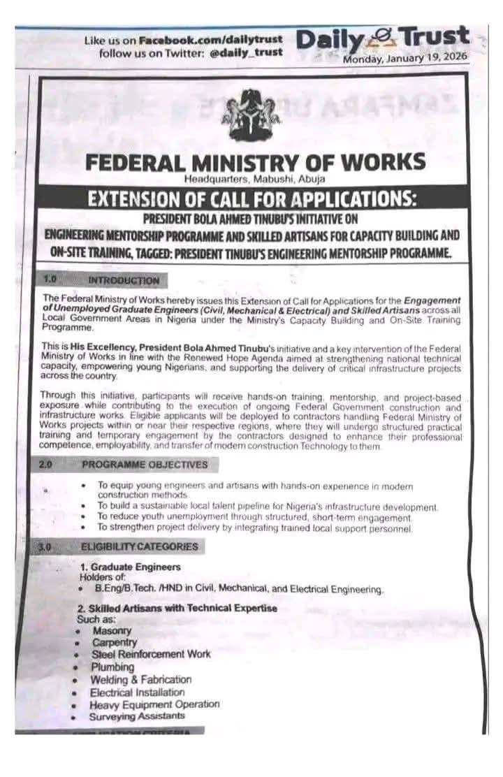 Federal Ministry of Works Recruitment 2026: Nationwide Engineering ...