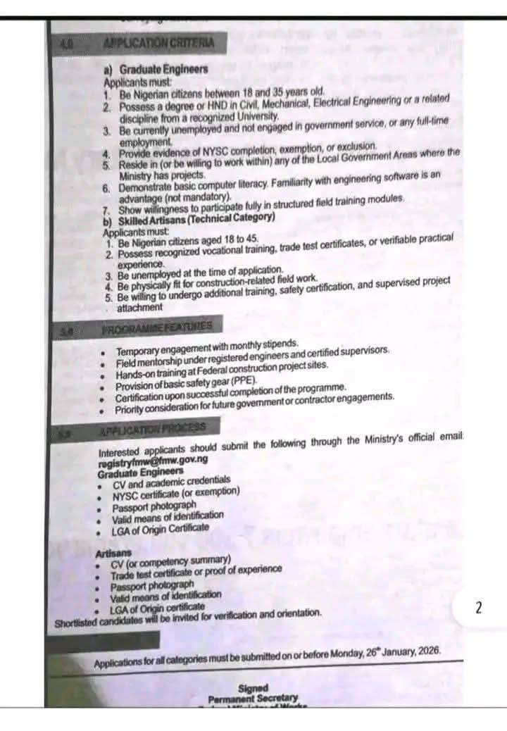 Federal Ministry of Works Recruitment 2026: Nationwide Engineering ...